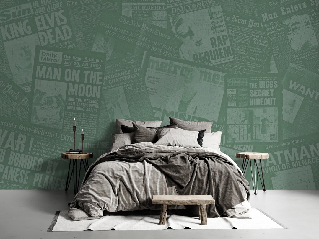 Green Newspaper Wallpaper Green Mural Fiberglass Wallcoverings Custom ...