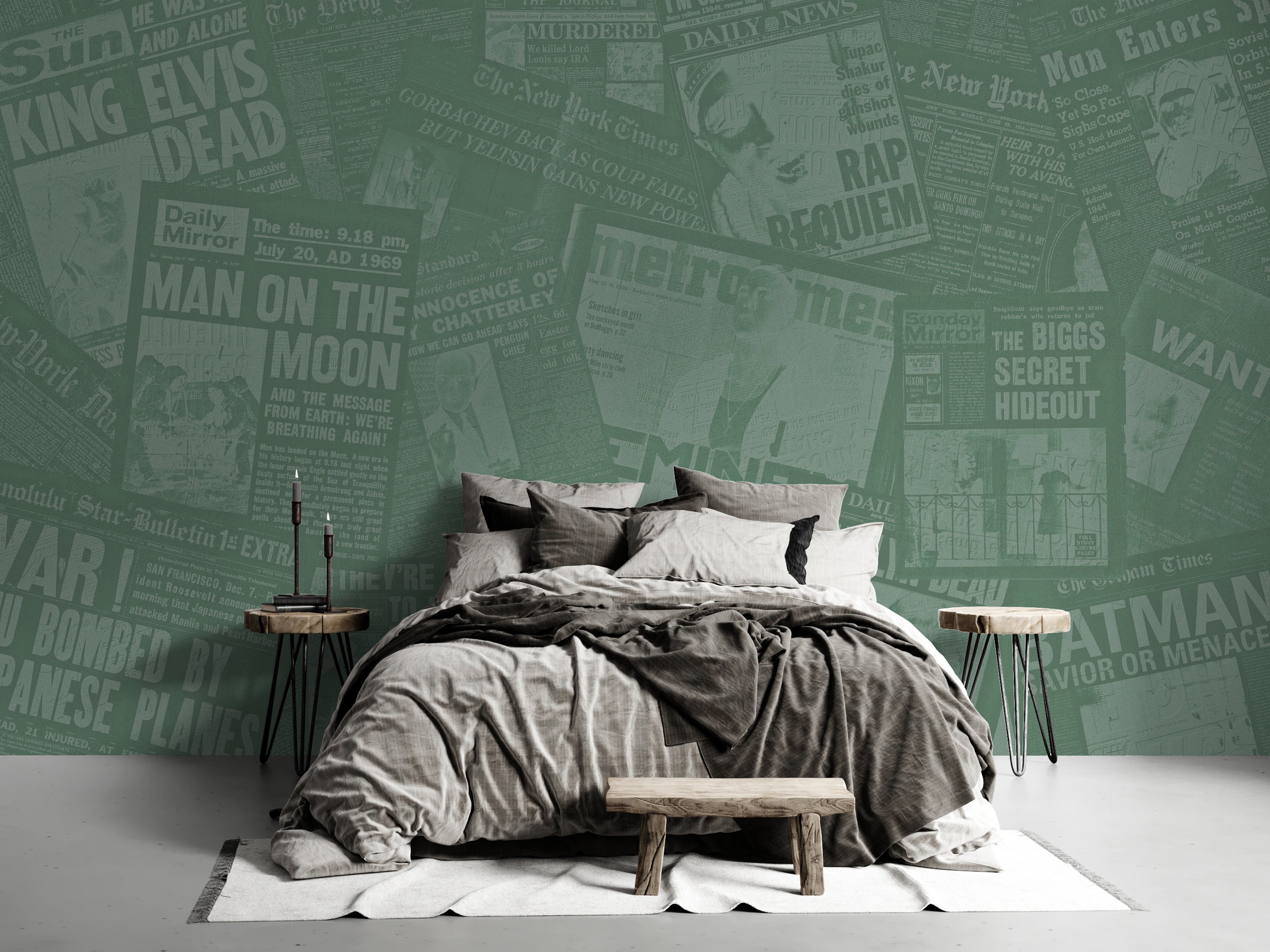 Green Newspaper Wallpaper Green Mural Fiberglass Wallcoverings Custom ...