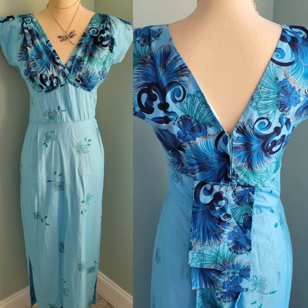Vintage 1950s Hawaiian Togs Blue Hawaii Floral Maxi Dress - Tiki - VLV ...