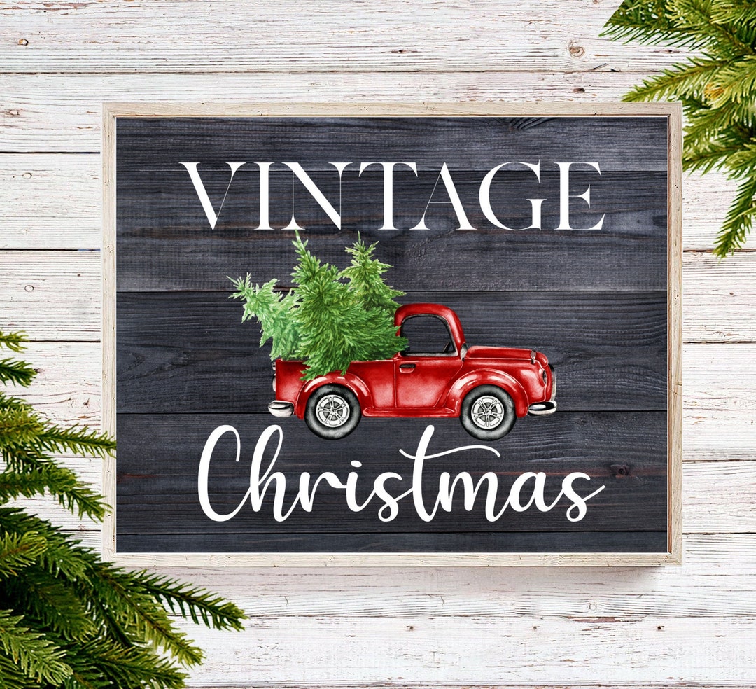 Red Truck Vintage Christmas Printable, Red Truck Christmas Tree Print ...