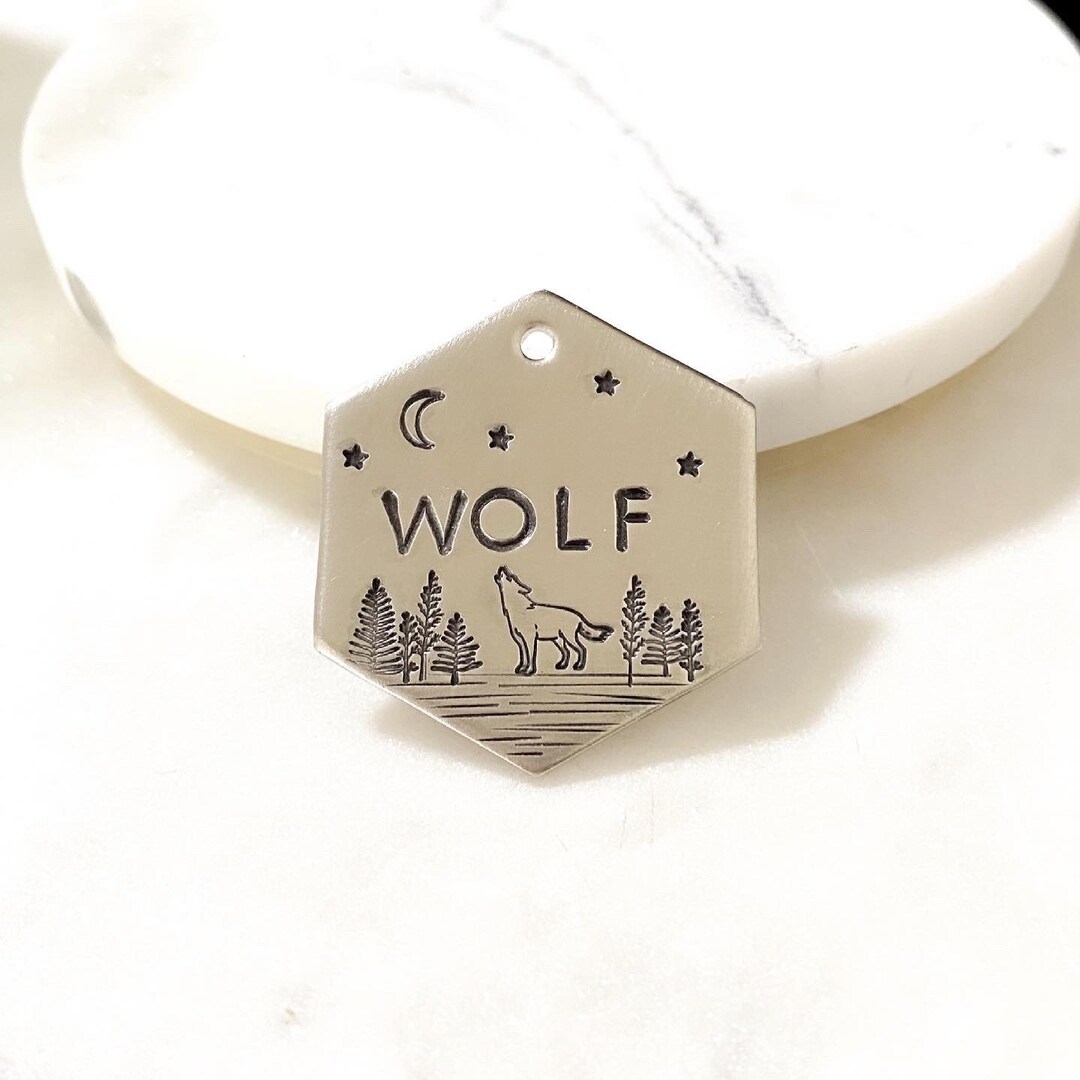 Night at the Forest Dog Tag, Wolf, Howling, Husky, Trees, Moon, Stars ...