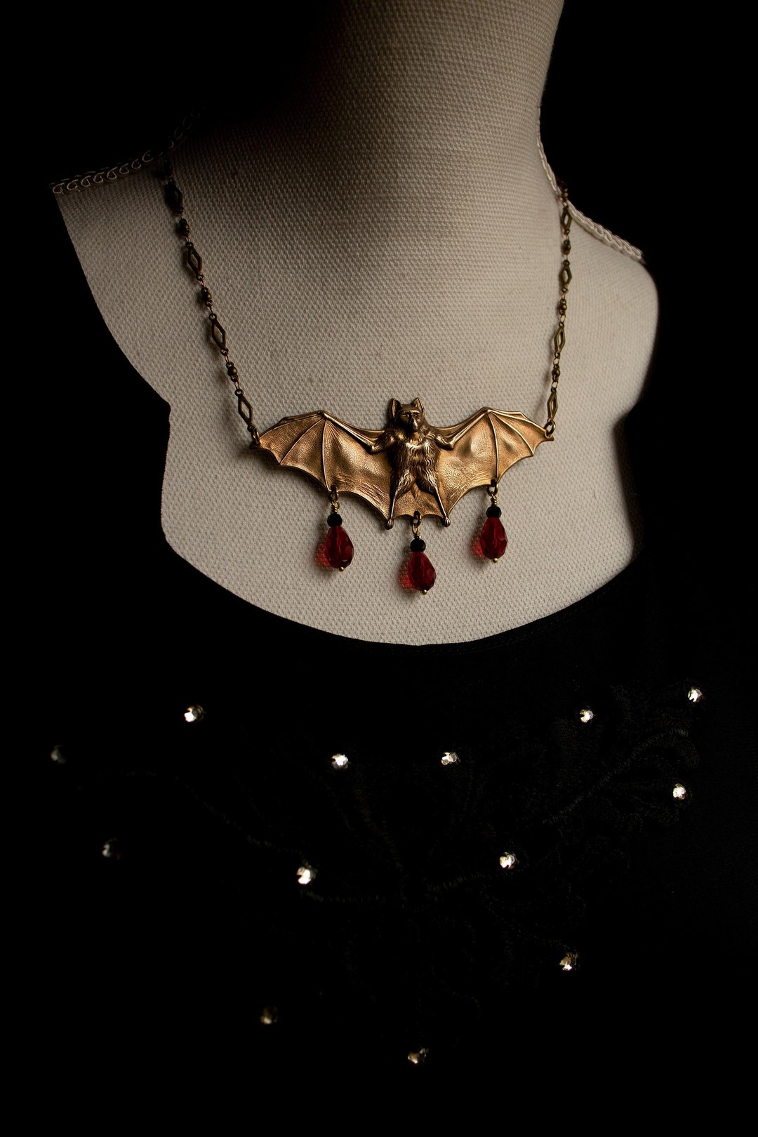 Bat Necklace With Red Crystal Beads - Solid Brass, Goth Halloween ...