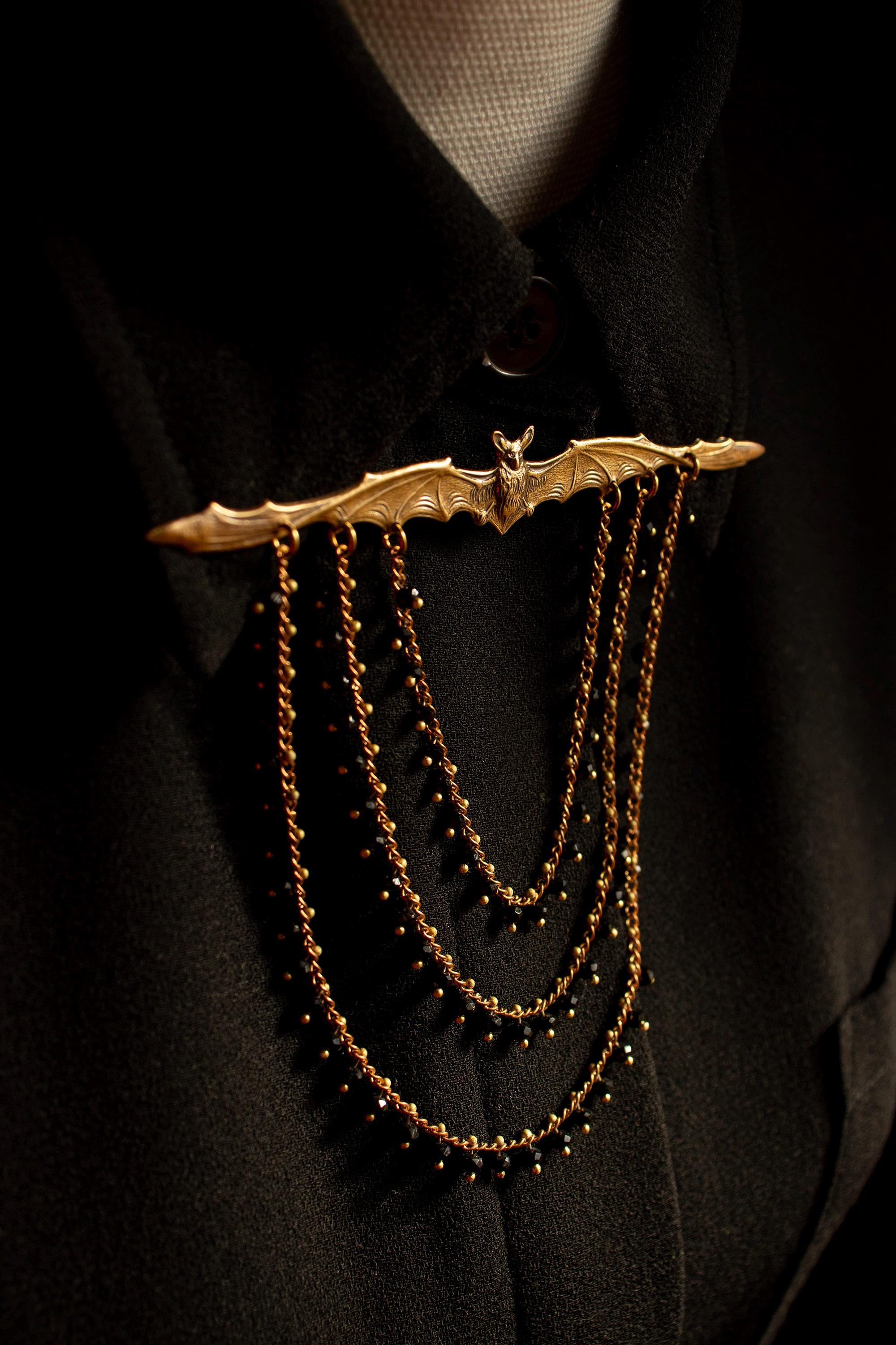 Bat Collar Chain Pin: Solid Brass With Glass Beads, Vintage Style ...