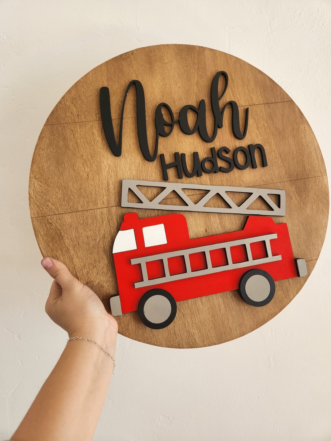 Firetruck Custom Name Sign Wooden Name Circle Nursery Decor Custom Name ...