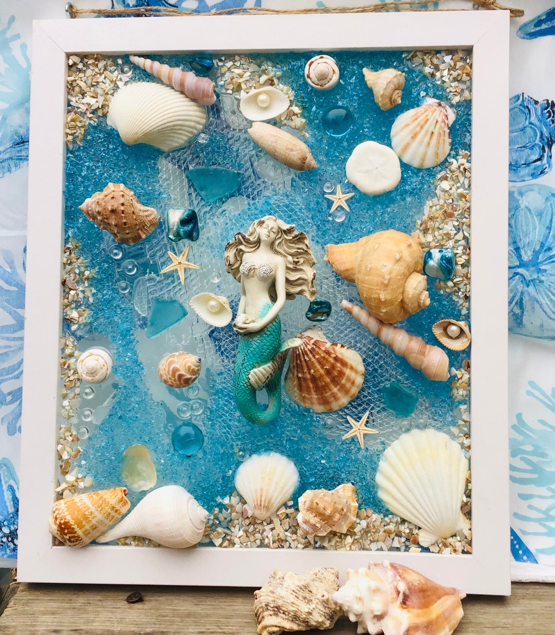 Coastal Mermaid, Sea Glass, Ocean Window or Wall Hanging, Seashells ...