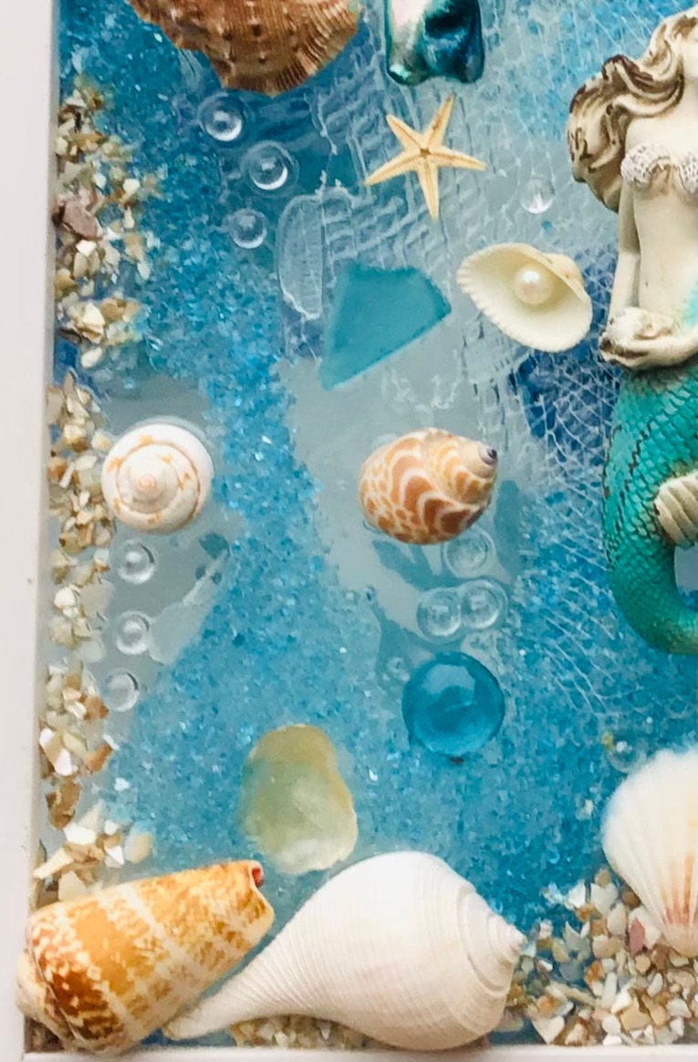 Coastal Mermaid, Sea Glass, Ocean Window or Wall Hanging, Seashells ...