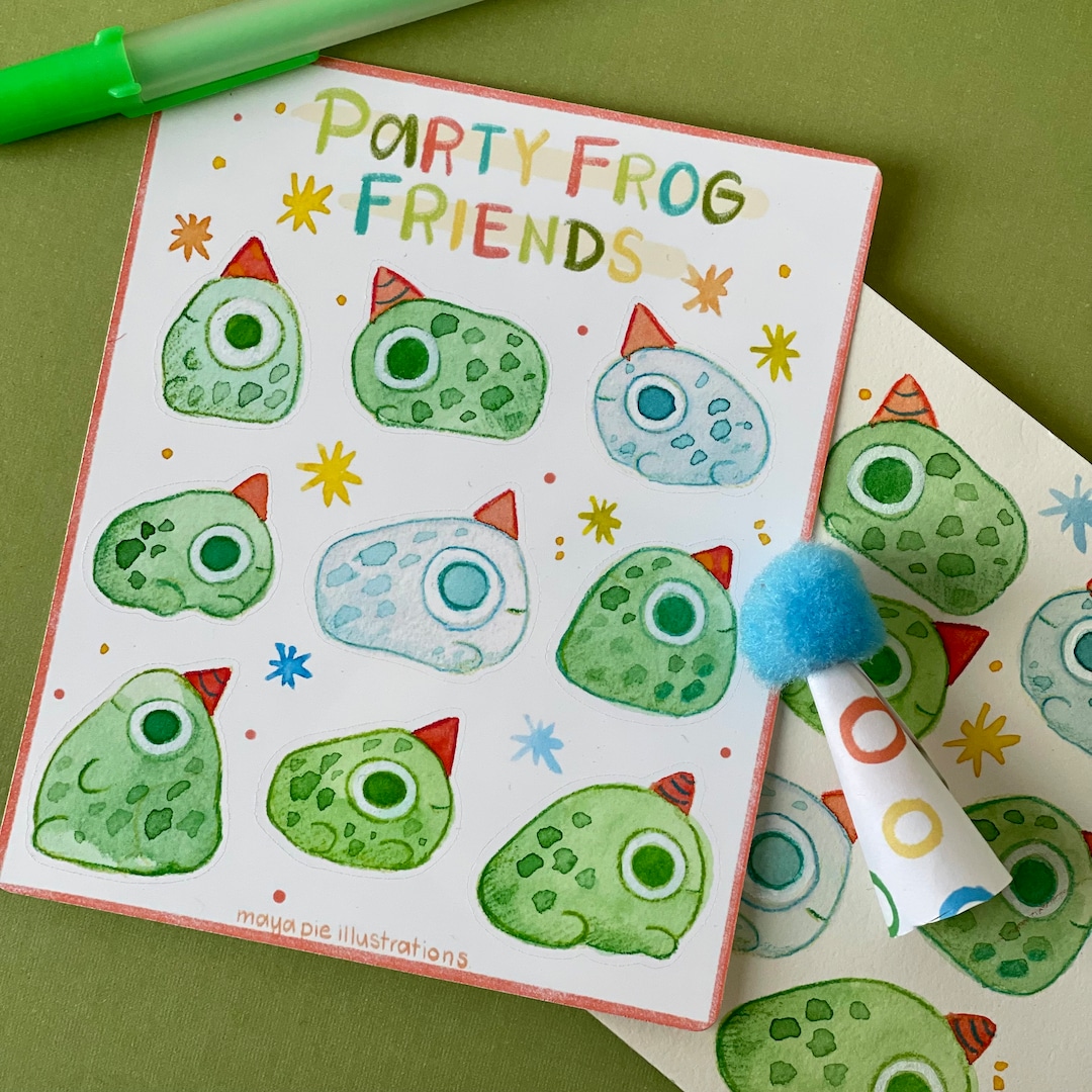 Party Frog Friends Sticker Sheet - Stickers, Illustrations, Children's ...
