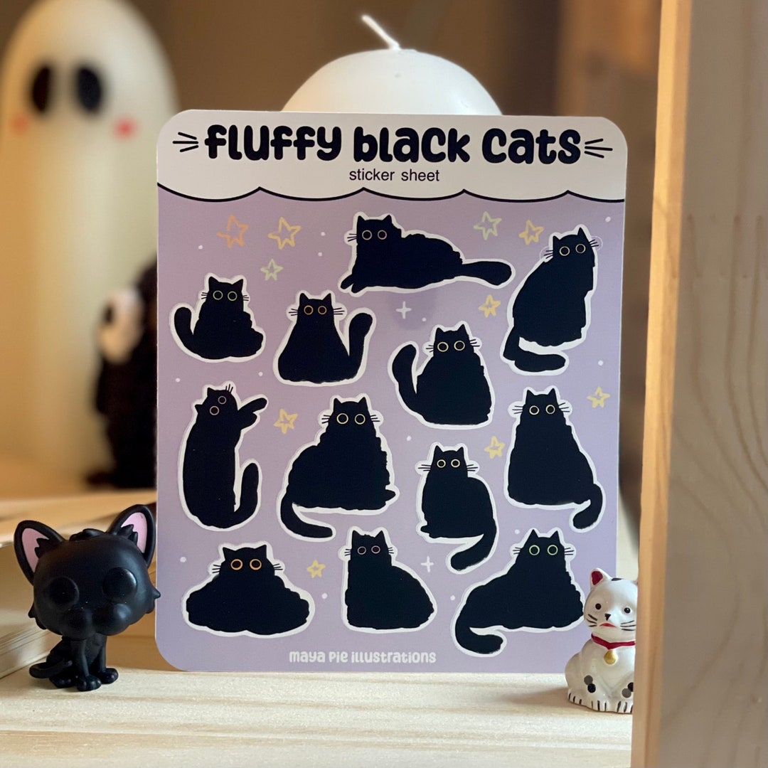 Fluffy Black Cats Sticker Sheet - Cute Cat Stickers, Cute Stickers ...