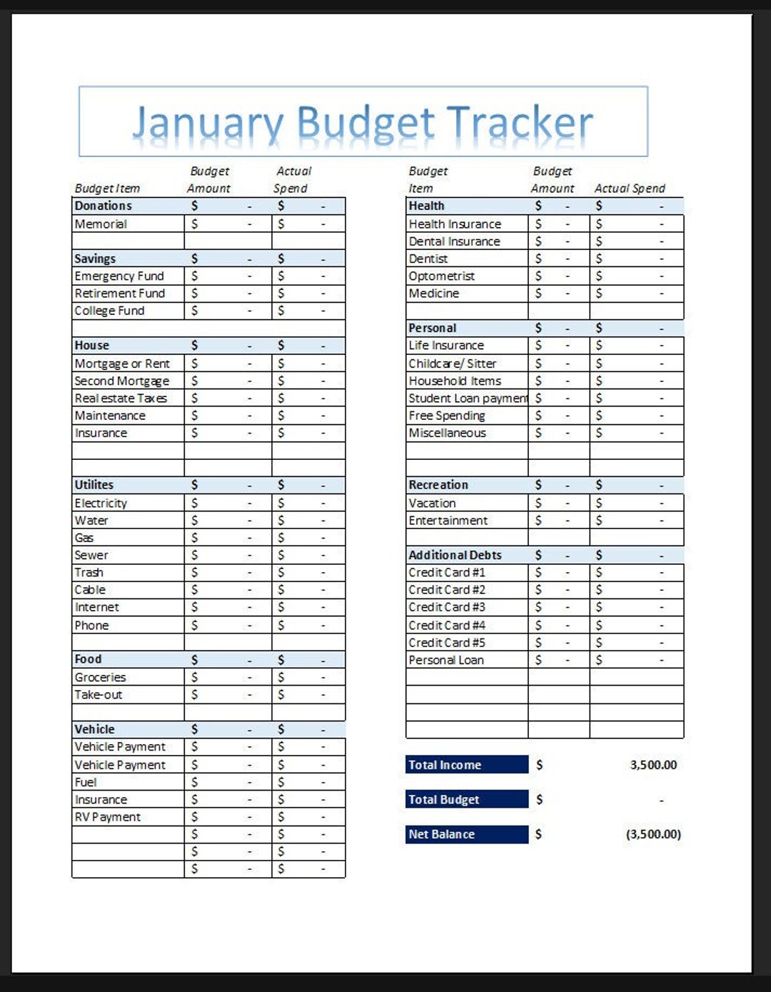 Printable Budget Spreadsheet - Etsy