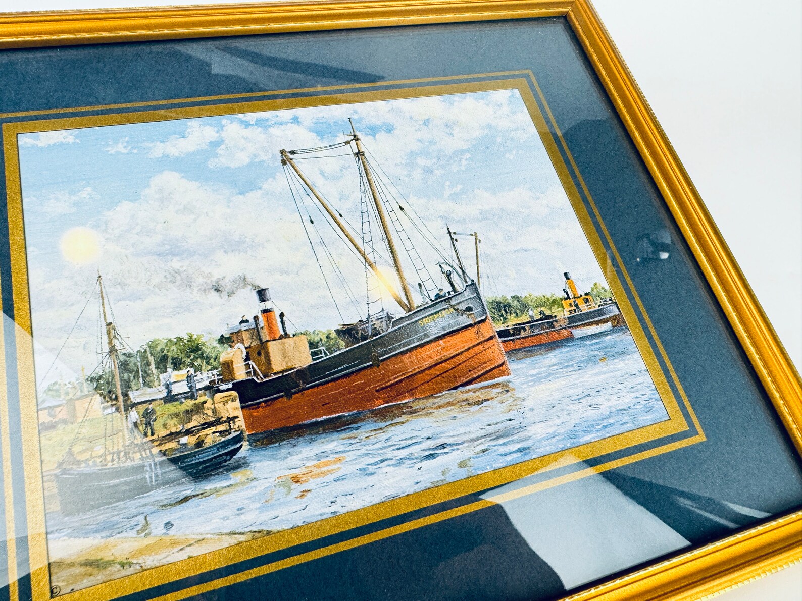 Vintage Red + Blue Steam Boat Harbour Print - Warm Gold Frame ...
