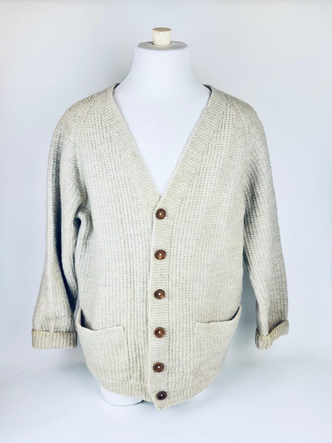 Vintage Beige Waffle Knit Wool Cardigan - Timeless Texture & Wooden ...