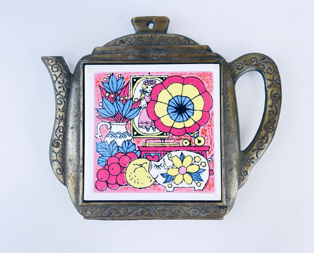 Vintage Kitsch 'tea Kettle' Metal Ceramic Trivet Fruit Pig Scene - Etsy