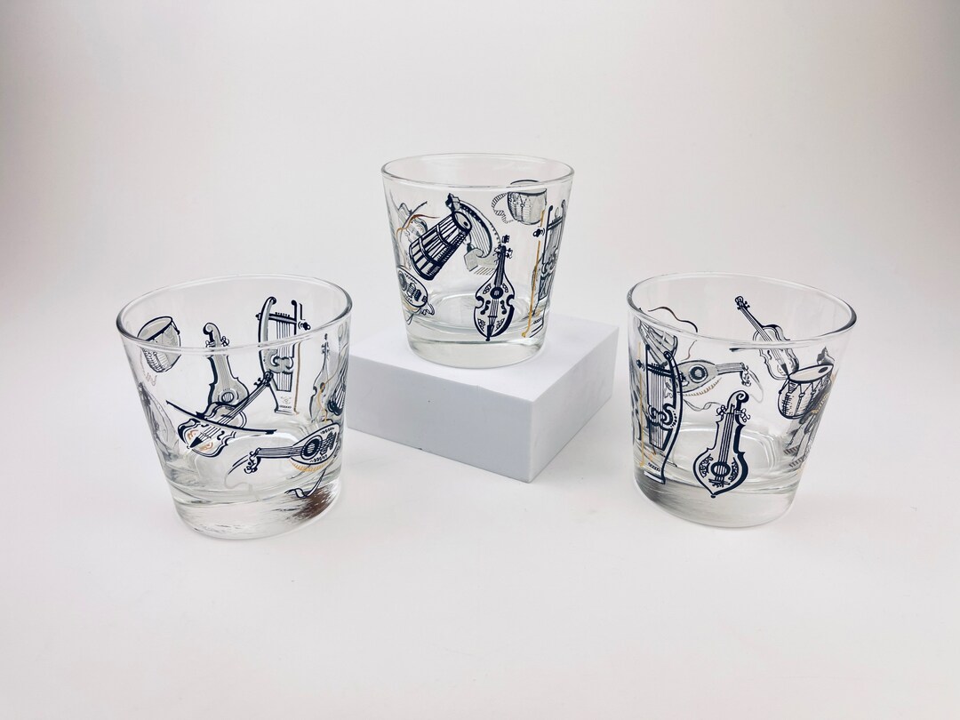 Vintage Musical Instruments Low Ball Drinking Glasses - Set of Three (3 ...