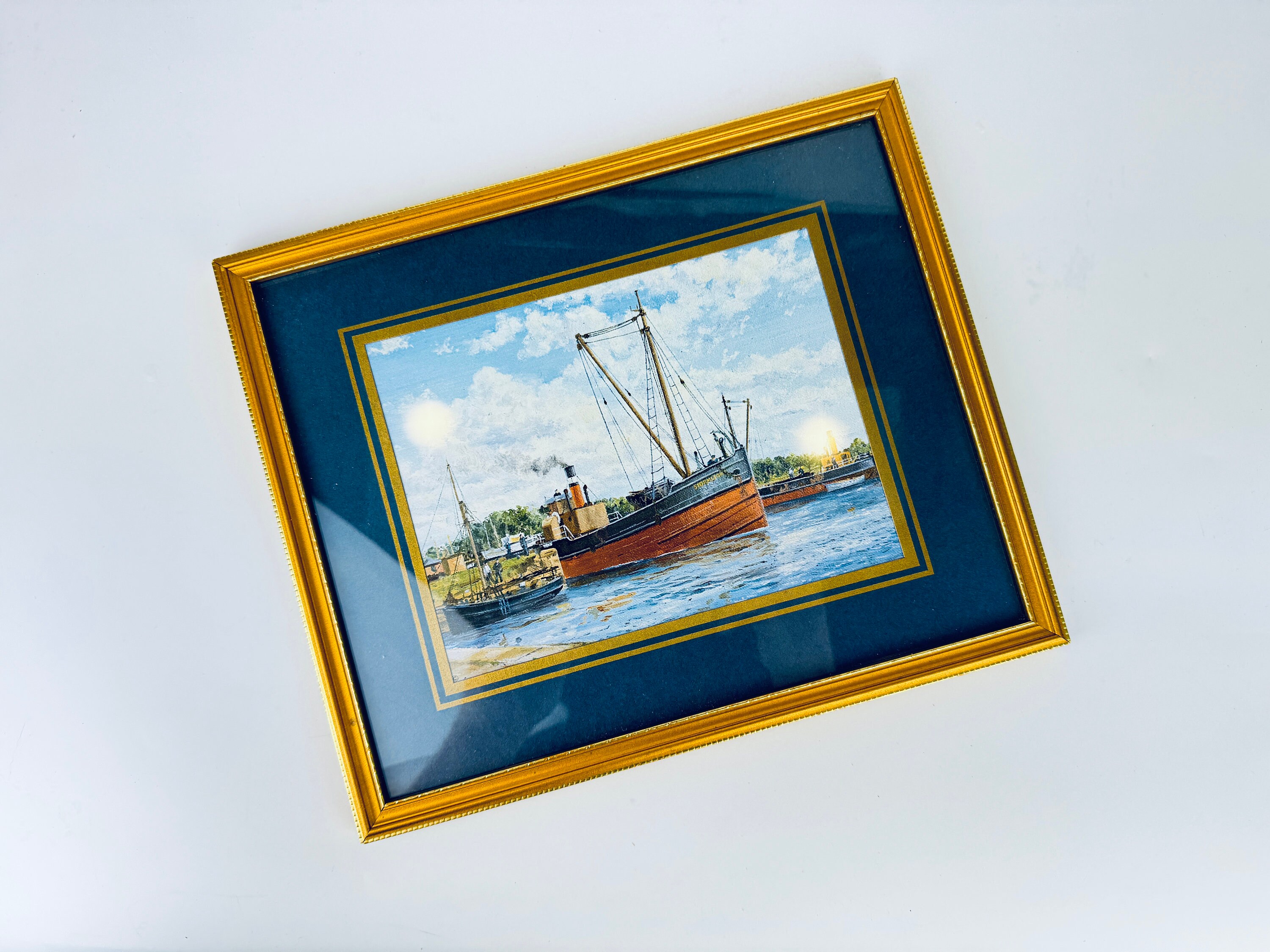 Vintage Red + Blue Steam Boat Harbour Print - Warm Gold Frame ...
