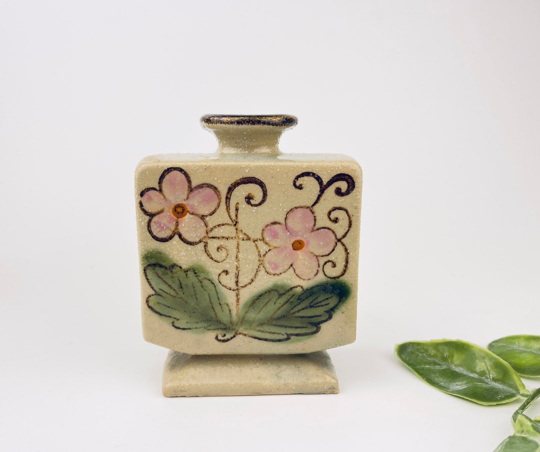 Vintage Salt Glazed Stoneware Square Vase Hand Painted Floral - Etsy