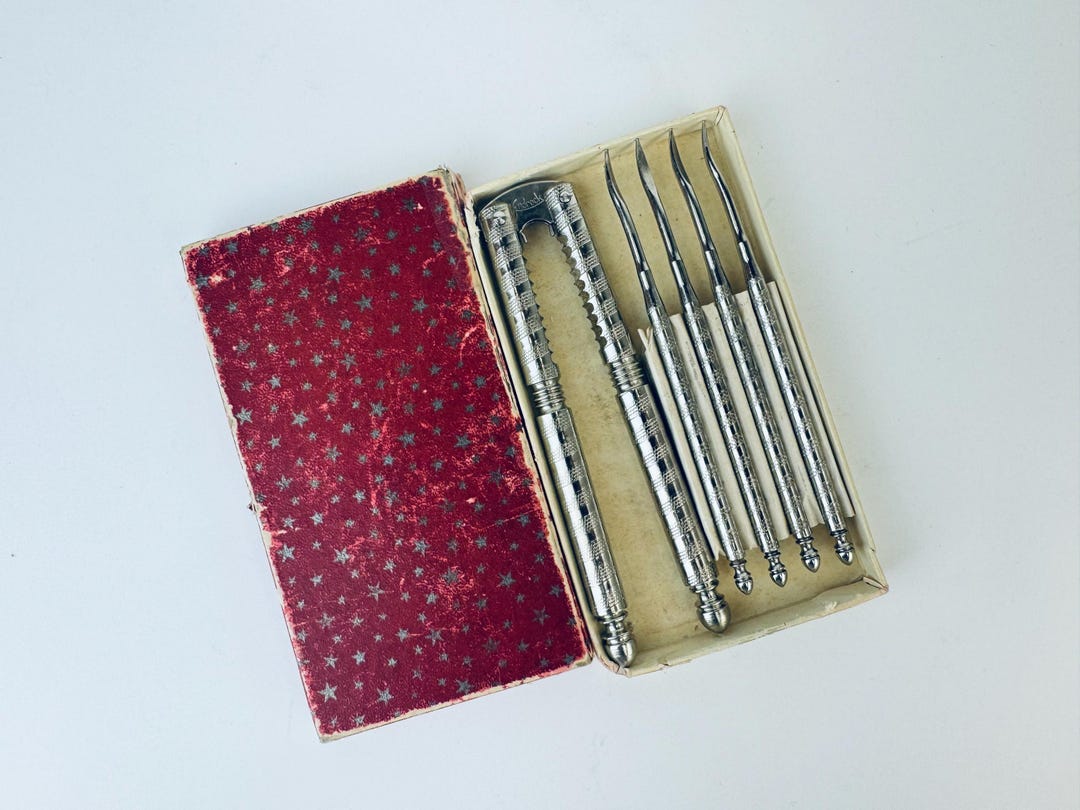 Vintage 'ANDROCK' Silver Manual Hand Held Nut Cracker Pick Set Gift Box ...