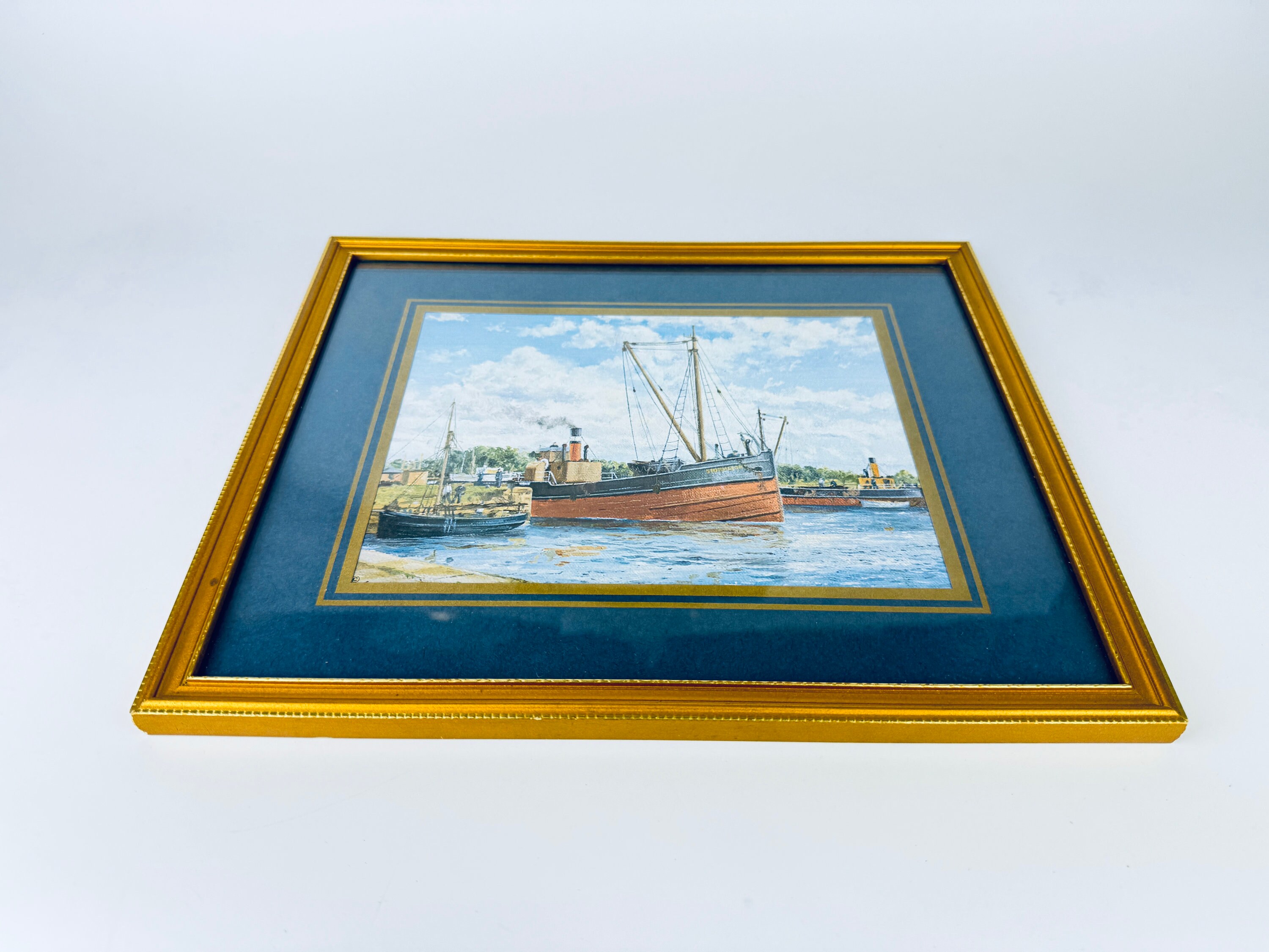 Vintage Red + Blue Steam Boat Harbour Print - Warm Gold Frame ...