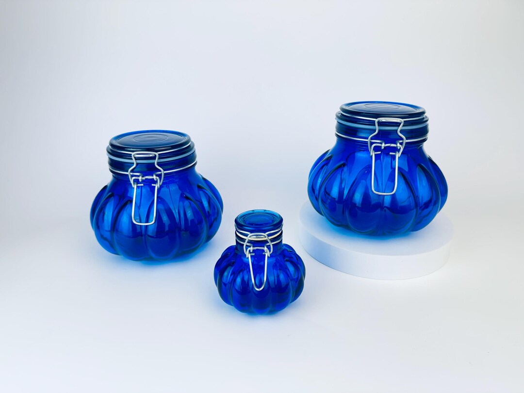 Vintage Round Cobalt Blue Bubble Glass + Clasp Container Jars - Sold ...