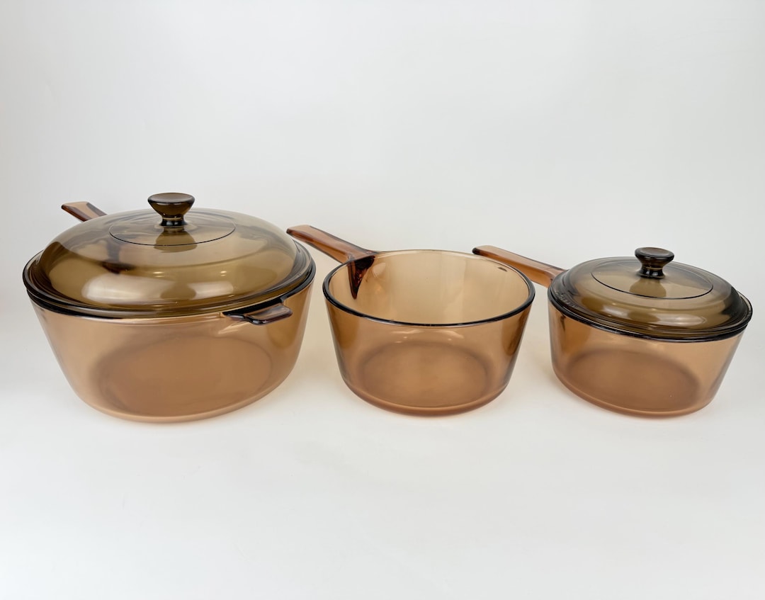 Vintage Corning 'VISIONS' Glass Saucepans - Amber Brown & Cranberry ...