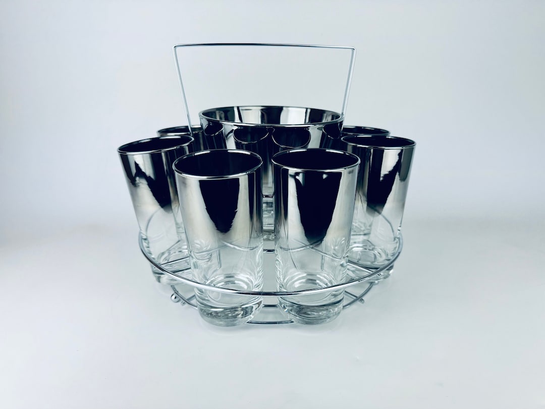 Vintage Dorothy Thorpe Silver Fade Barware Set – 8 Glasses, Ice Bucket ...