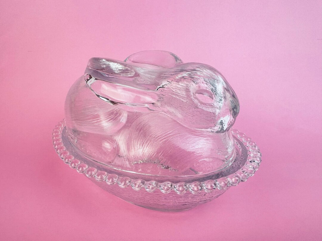 Vintage Clear Glass Bunny Rabbit on Nest Covered Dish – Farmhouse ...