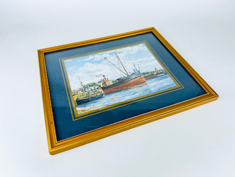 Vintage Red + Blue Steam Boat Harbour Print - Warm Gold Frame ...