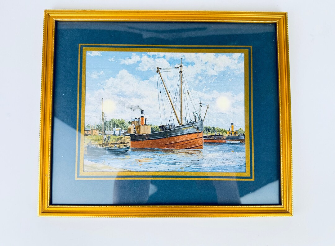 Vintage Red + Blue Steam Boat Harbour Print - Warm Gold Frame ...