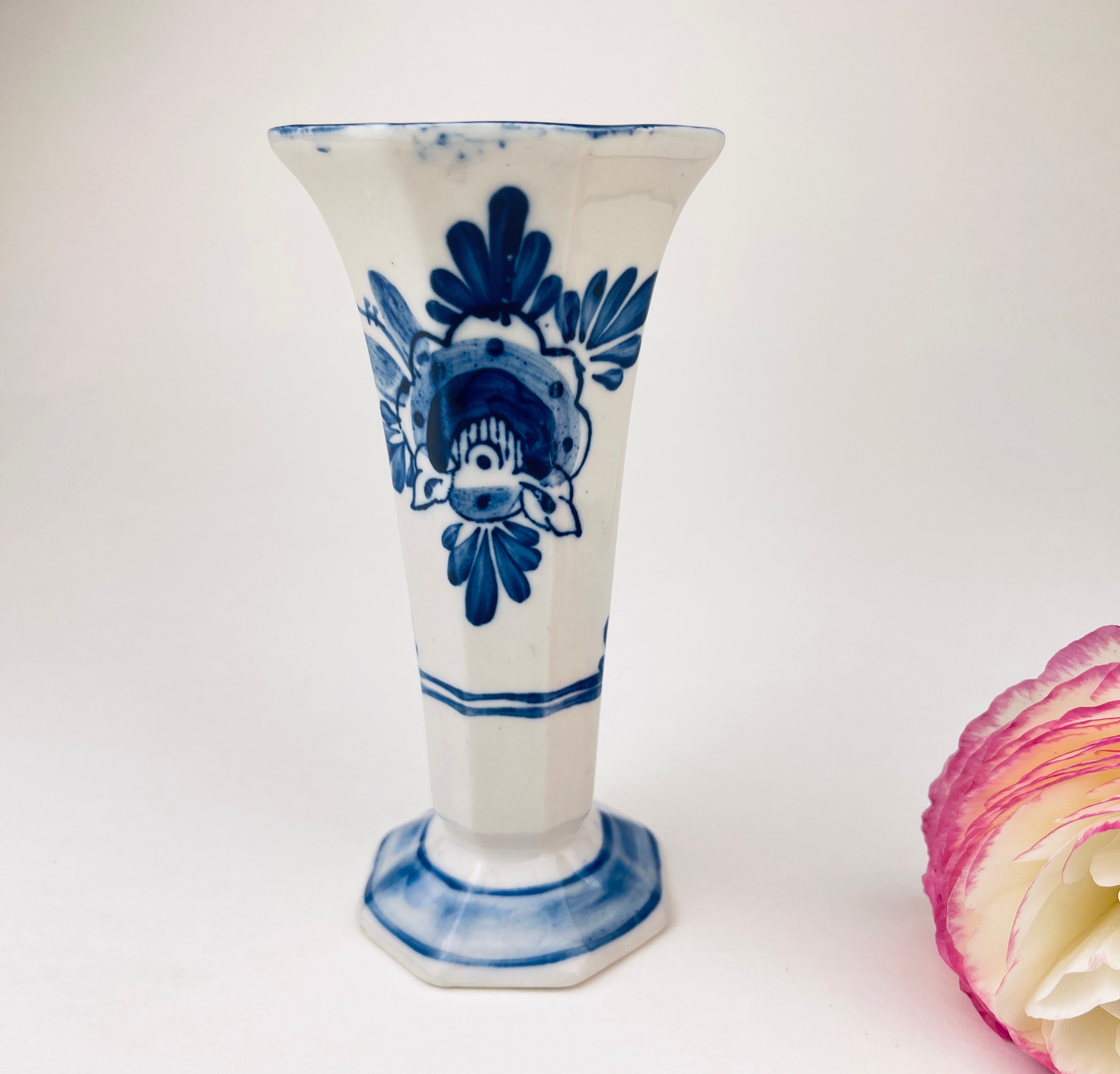 Vintage Hand Painted Delft Blue Bud Vase Floral Pattern | Etsy