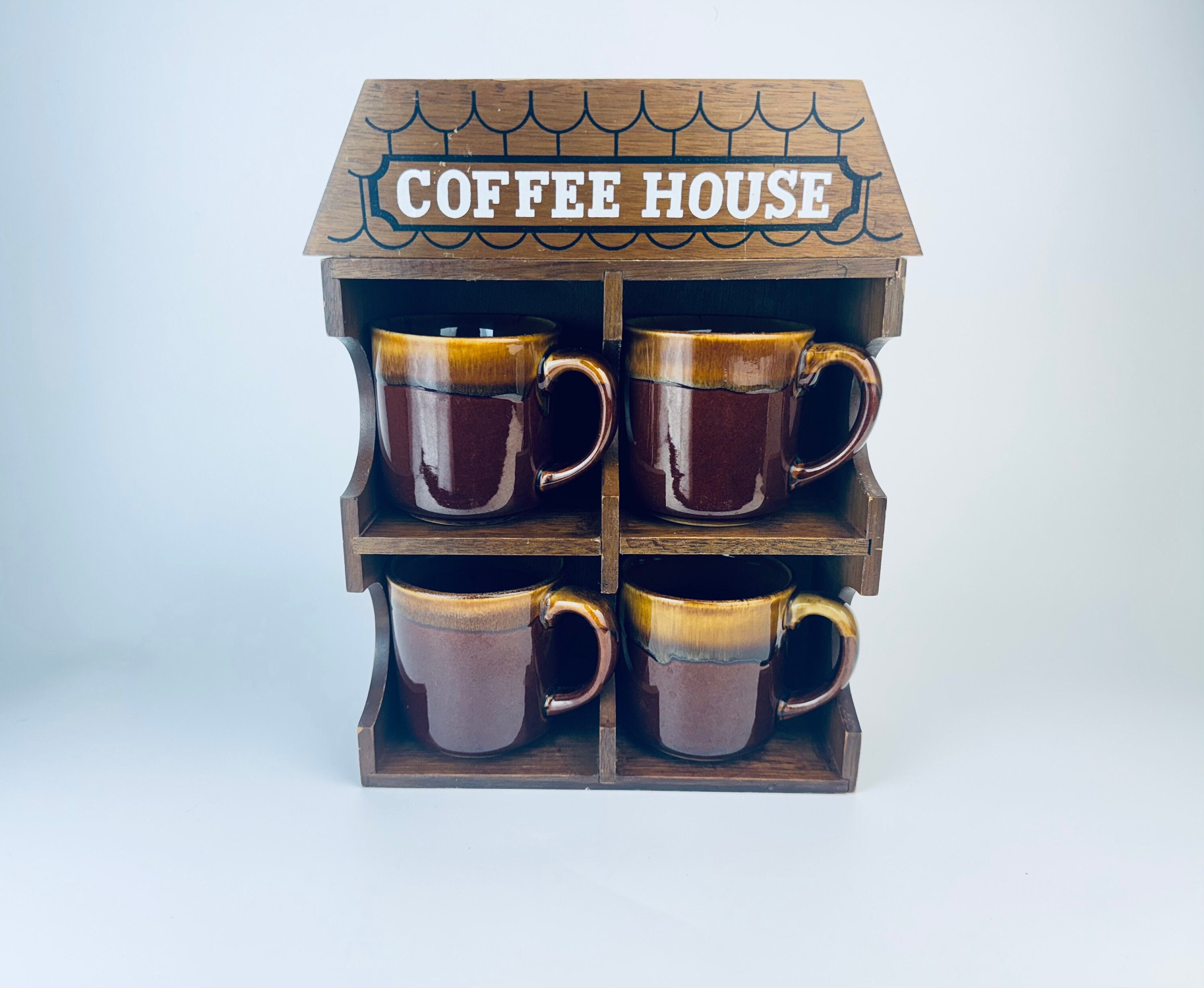 Vintage 'coffee House' Wooden Mug Organiser + Ceramic Drip Glaze Mugs ...