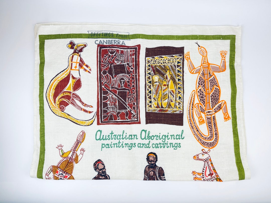 Vintage Australian Aboriginal Paintings & Carvings Tea Towel - All Pure ...