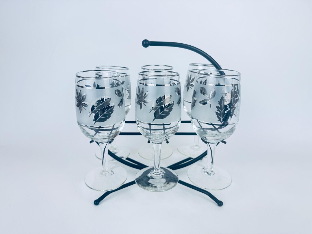 Vintage Mid Century Clear Etched Silver Leaf Glass Wine Goblets ...