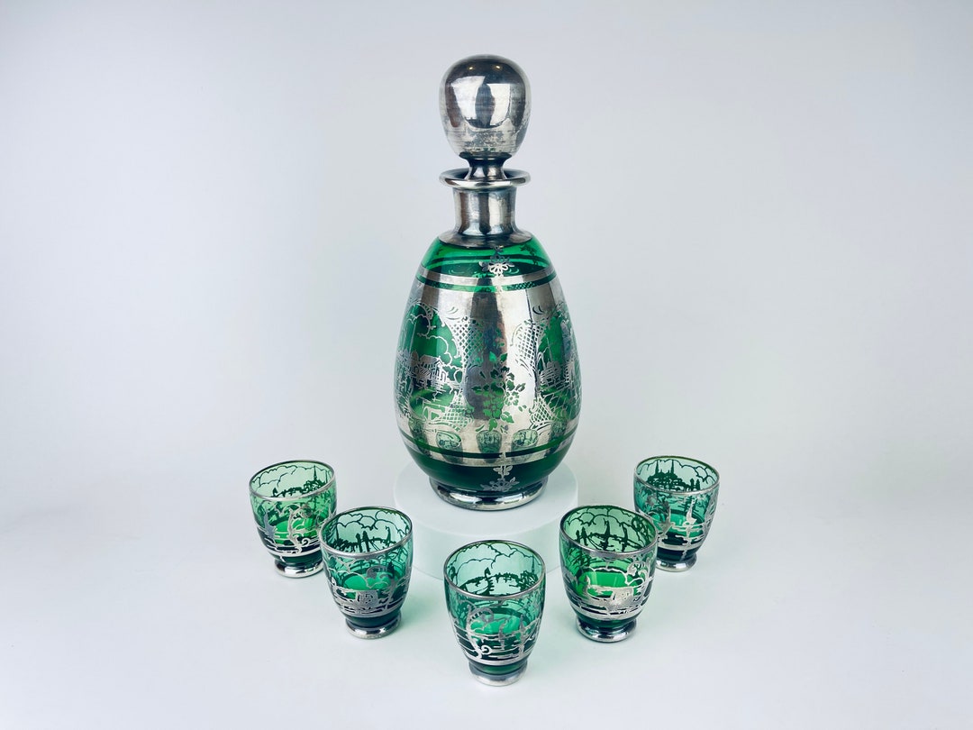 Vintage Emerald Green + Silver Overlay Scene Barware Set - Glass ...