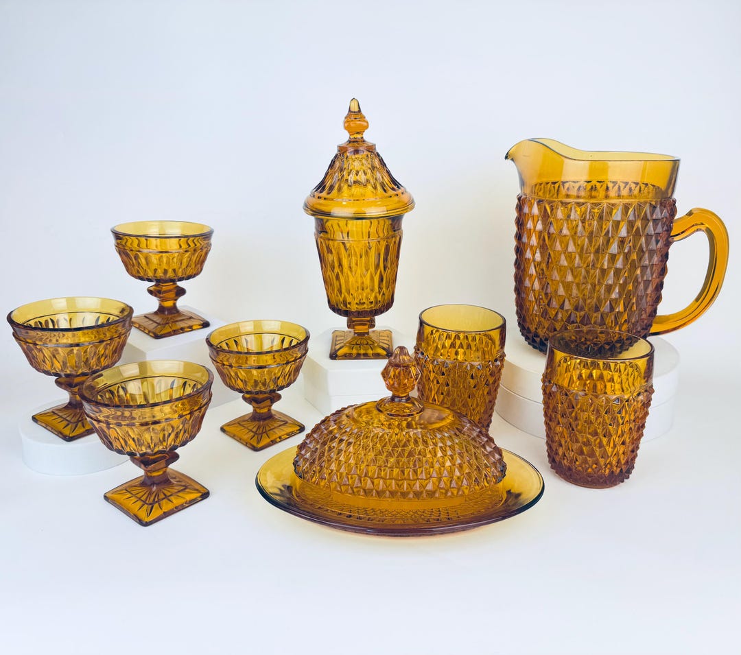 Vintage Diamond Point Amber Glassware - Indiana Glass Company - Sold ...