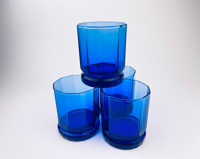 Vintage Cobalt Blue Drinking Glasses Set of Four 4 Decagonal Geometric ...