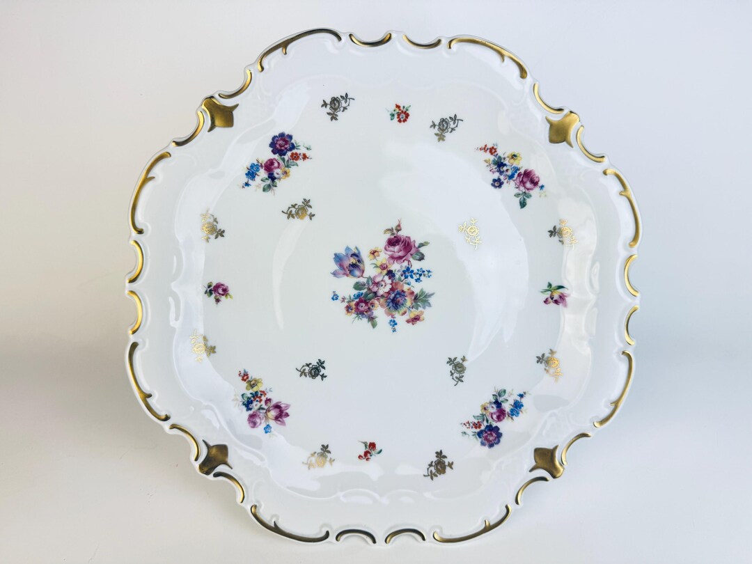 Vintage Reichenbach Fine China Cake Stand – White & Gold Floral 1970s ...