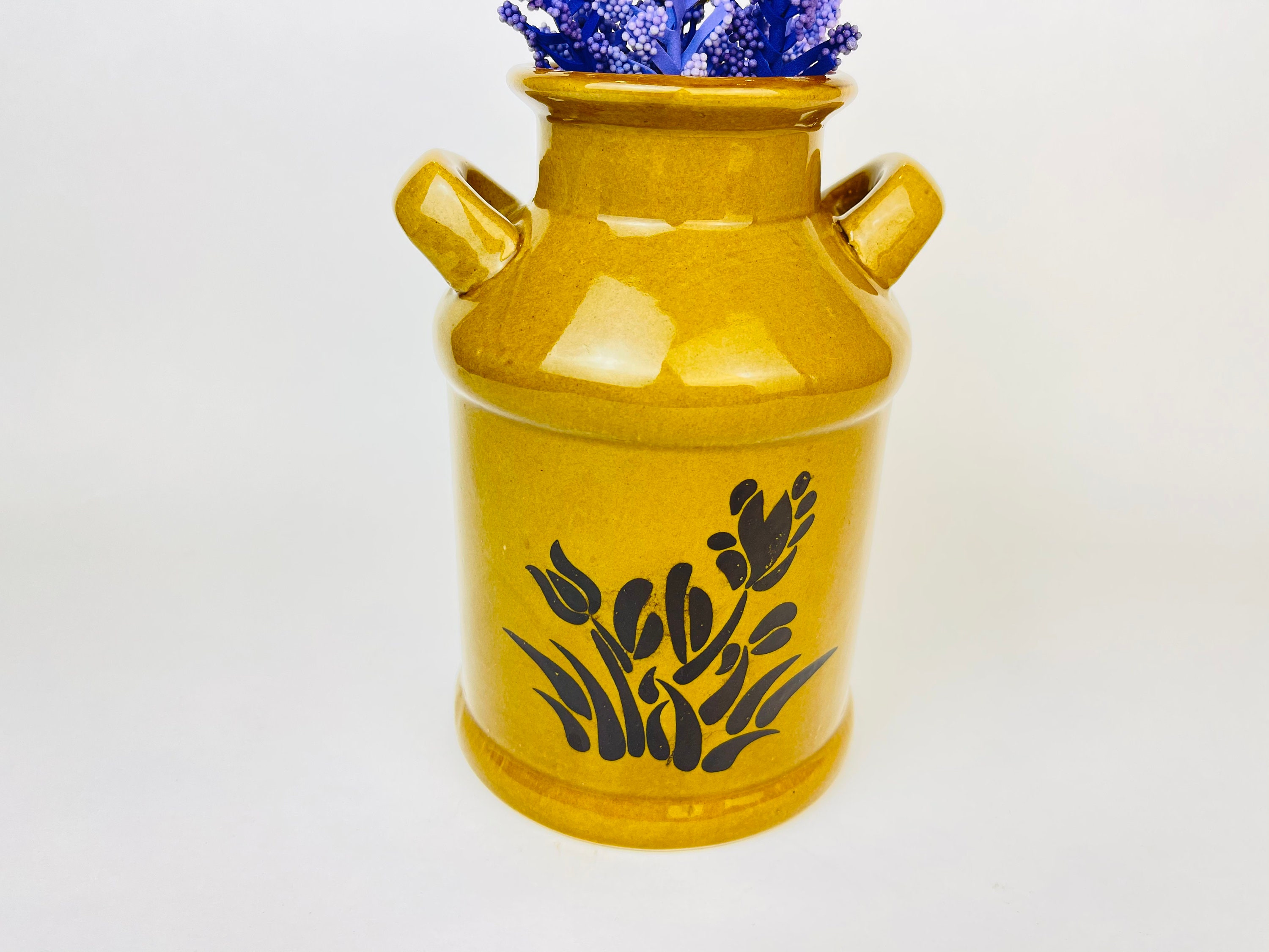 Vintage Mustard Yellow Jug/vase With Black Flowers and Small - Etsy