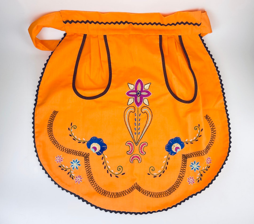 Vintage Embroidered Floral Oval Waist Apron - Orange + Brown - Duel ...