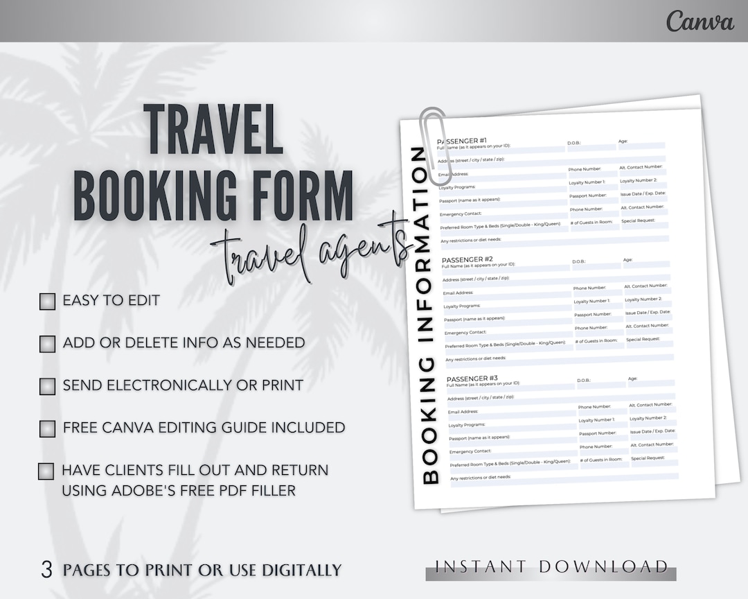 Travel Agent Booking Client Form Travel Agent Forms Canva - Etsy