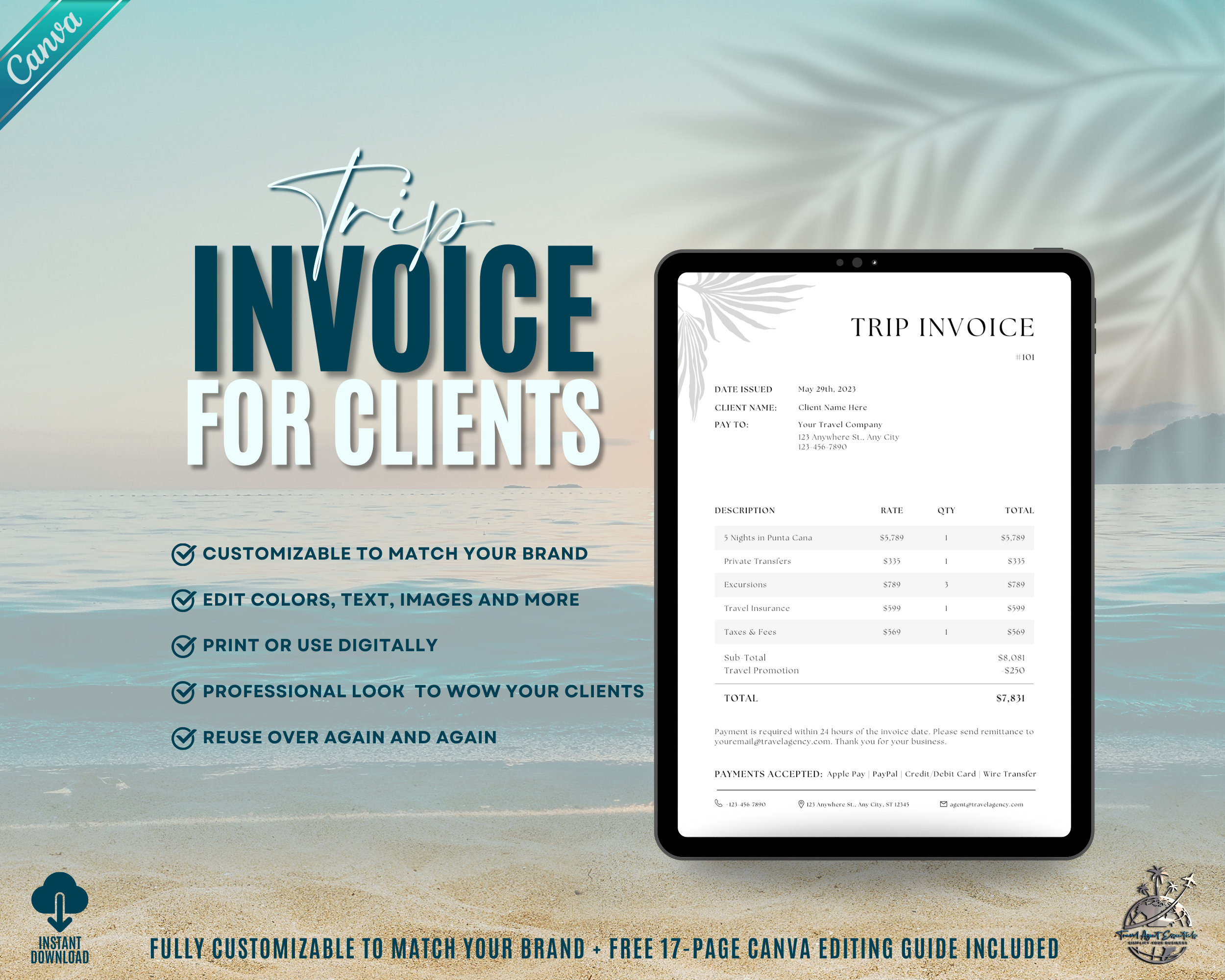 Travel Agent Client Trip Invoice, Travel Agency Forms, Travel Business ...