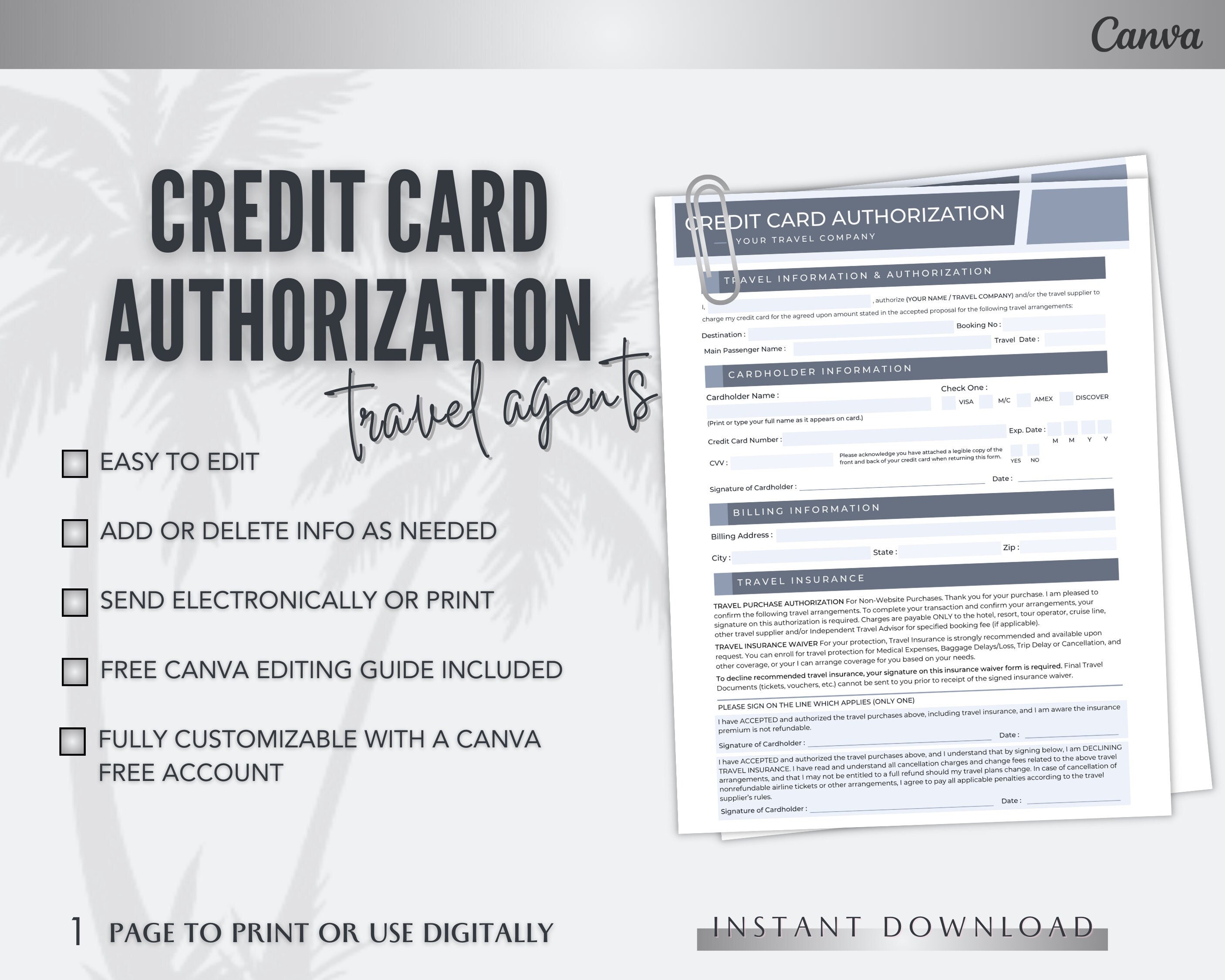 Credit Card Authorization Form Travel Agent Client Forms - Etsy Credit Card Authorization Form Travel Agent Client Forms - Etsy