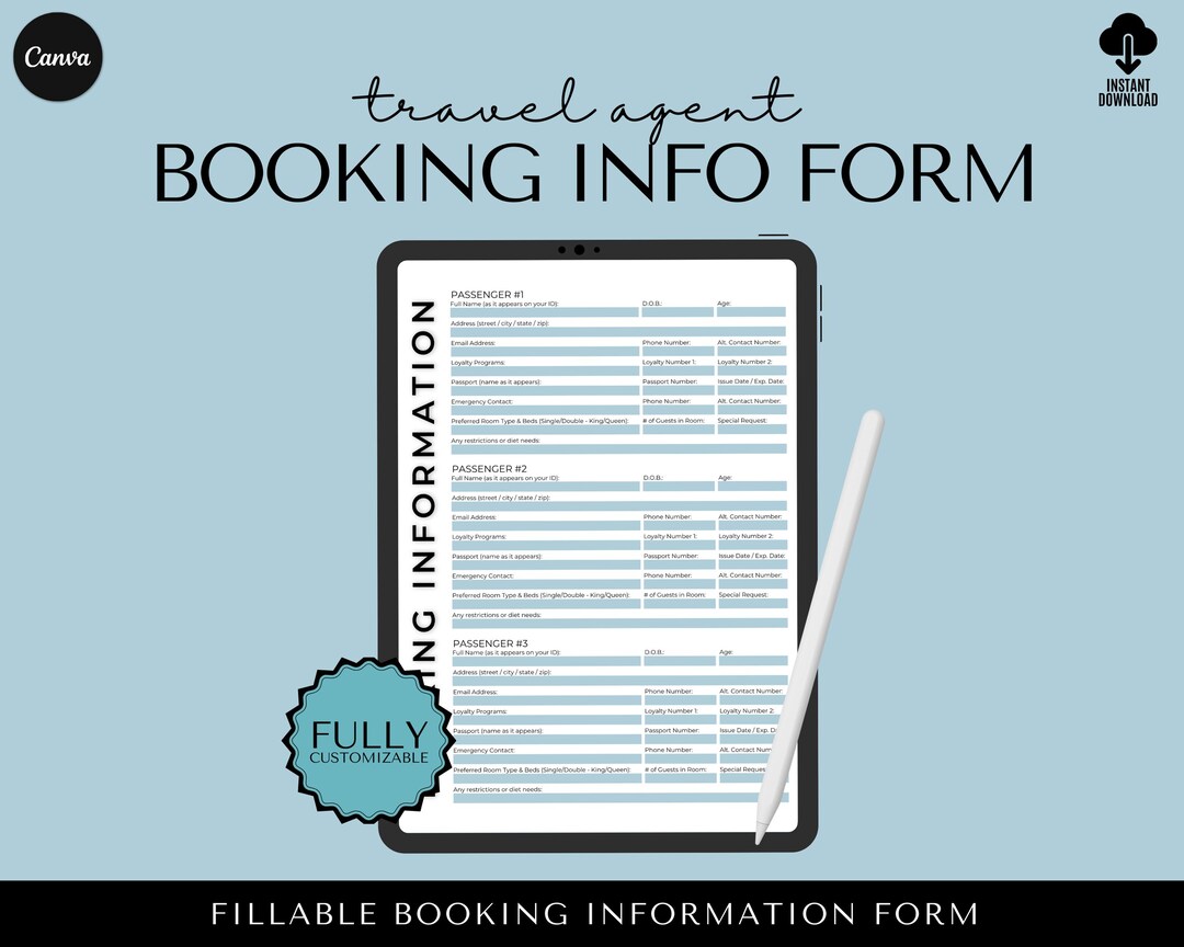 Travel Agent Booking Client Form, Travel Agent Forms, Canva Templates ...