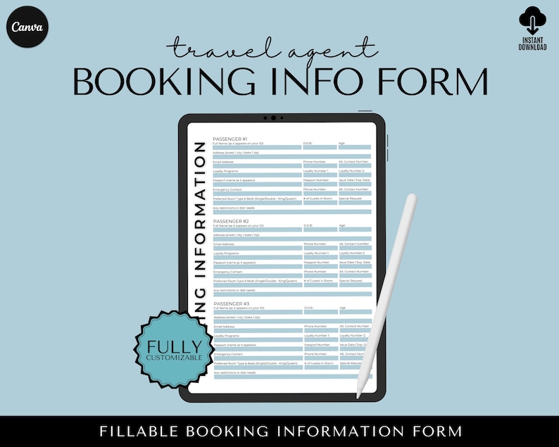 Travel Agent Booking Client Form, Travel Agent Forms, Canva Templates ...