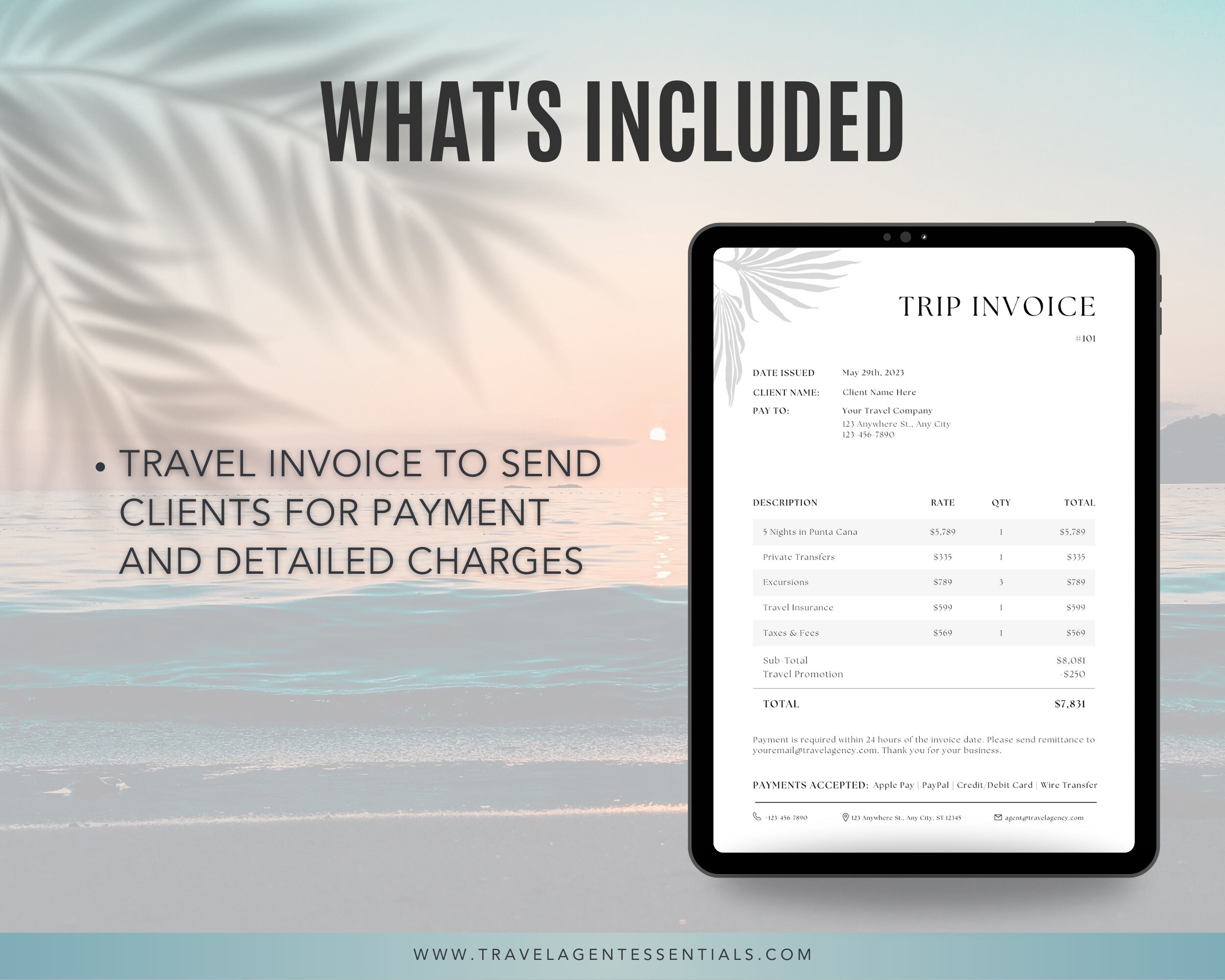 Travel Agent Client Trip Invoice, Travel Agency Forms, Travel Business ...