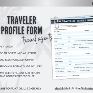 Travel Agent Traveler Profile Form Travel Agent Forms Travel - Etsy