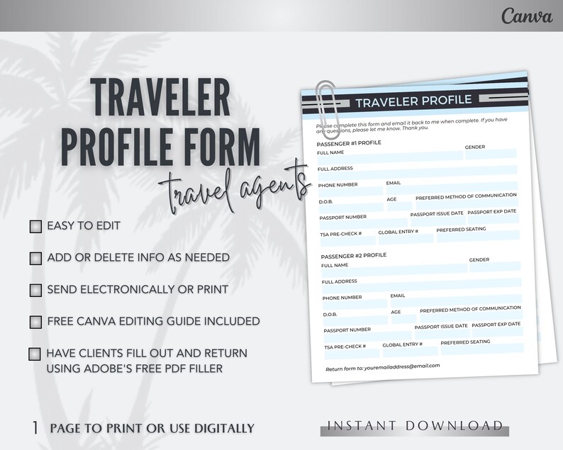 Travel Agent Traveler Profile Form Travel Agent Forms Travel - Etsy