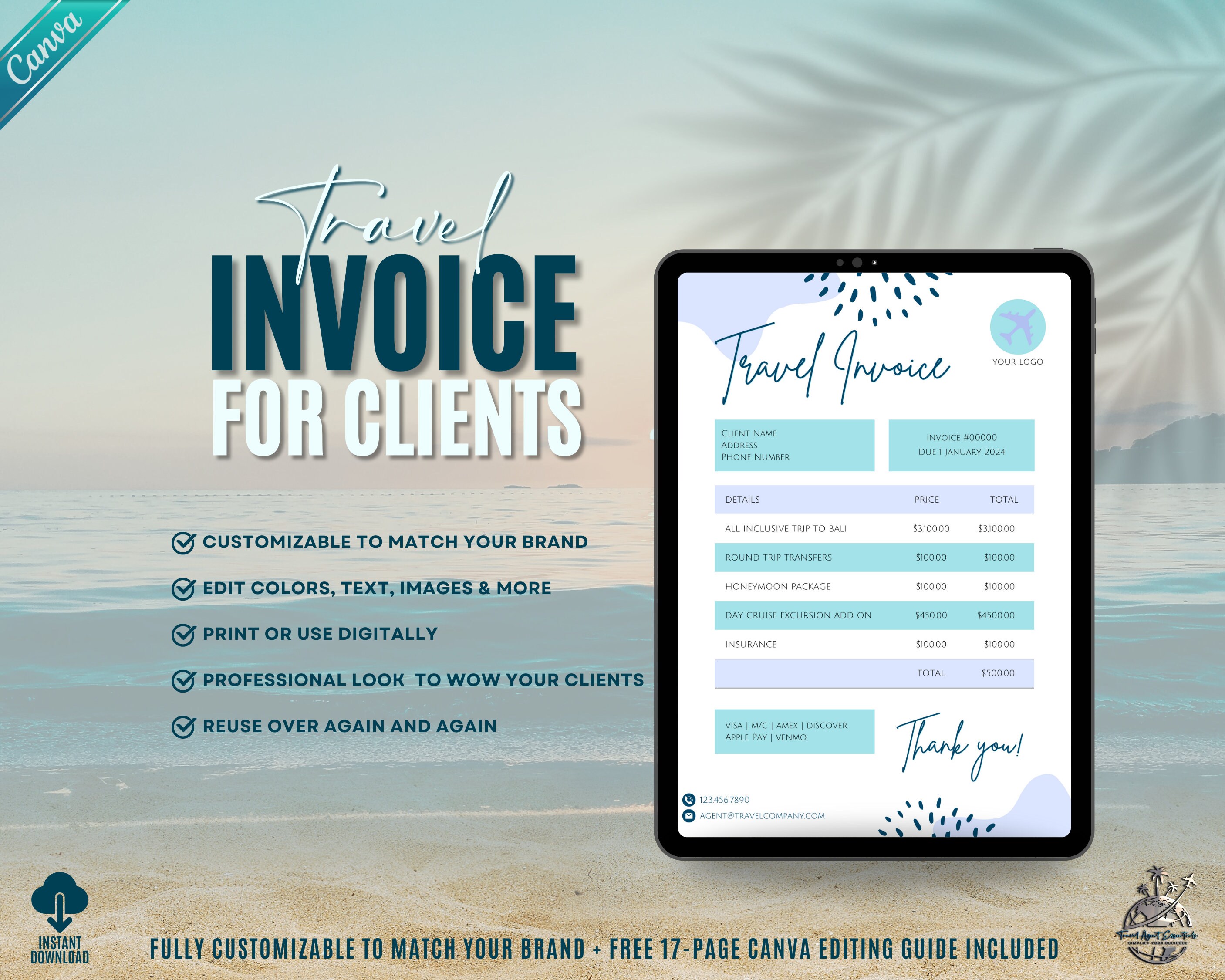 Travel Agent Invoice Travel Agency Forms Travel Business - Etsy