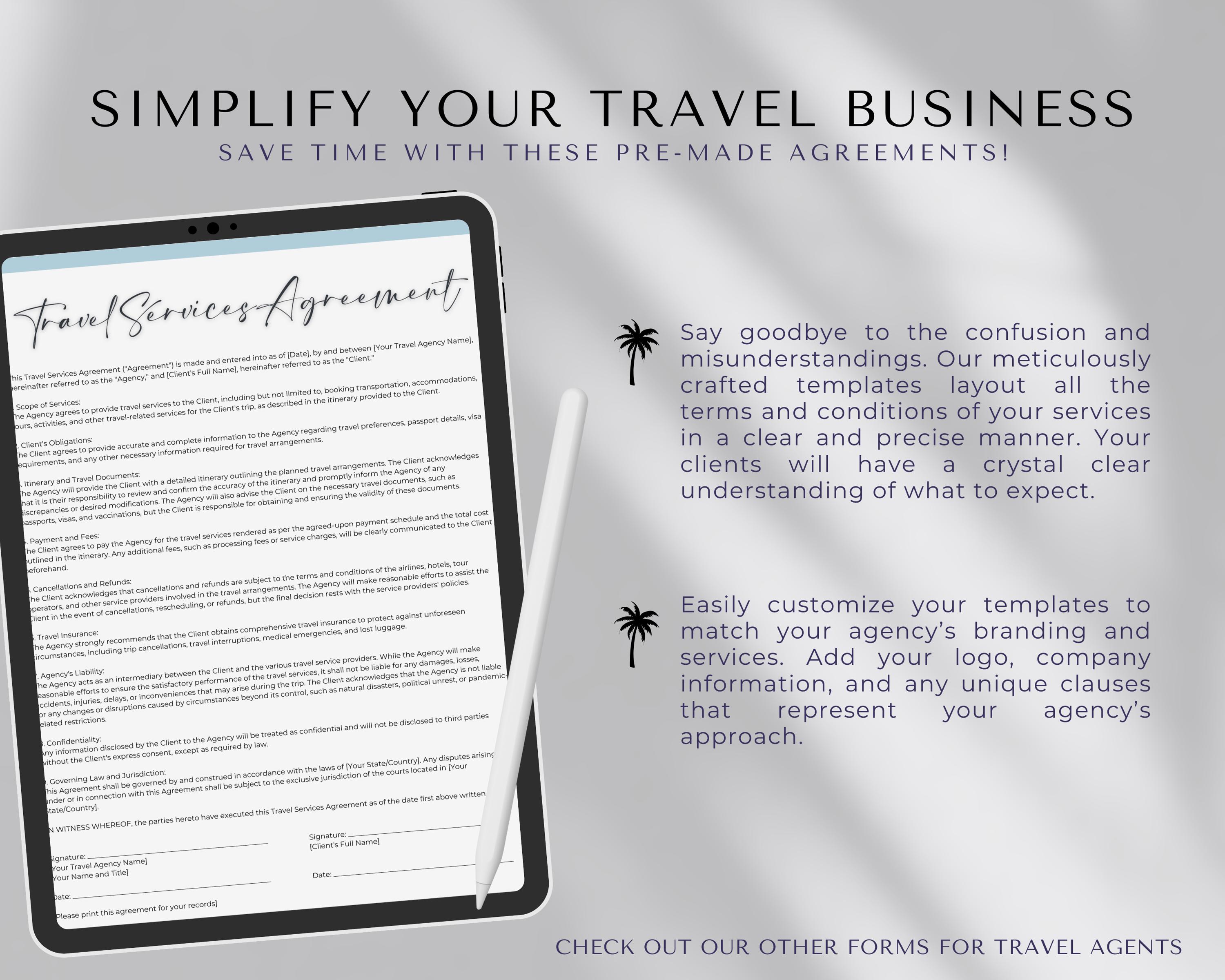 Travel Agent Agreements Bundle, Travel Services Agreement, Planning Fee ...