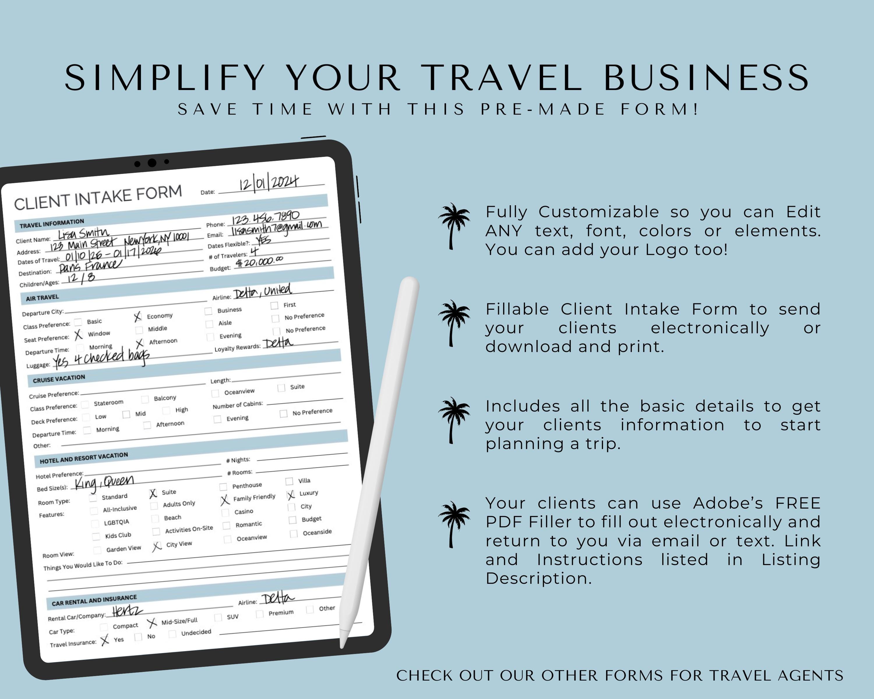 Travel Agent Client Intake Form, Travel Agency Forms, Client Travel ...