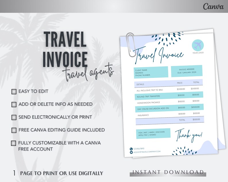 Travel Agent Invoice Travel Agency Forms Travel Business - Etsy