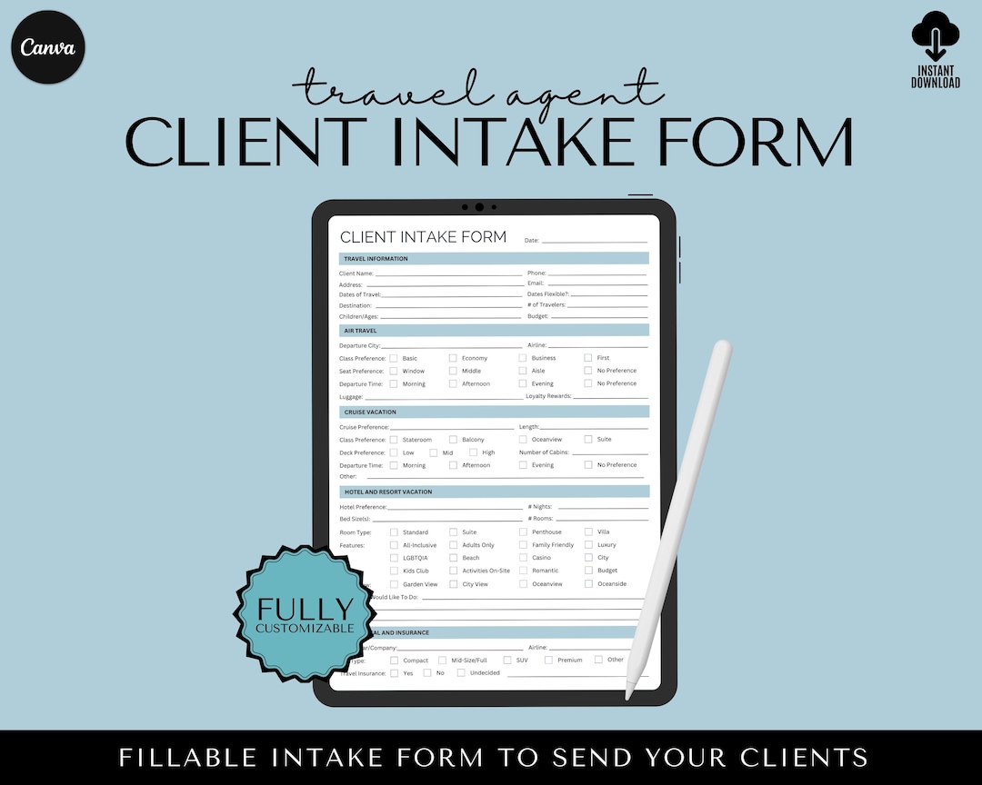 Travel Agent Client Intake Form, Travel Agency Forms, Client Travel ...